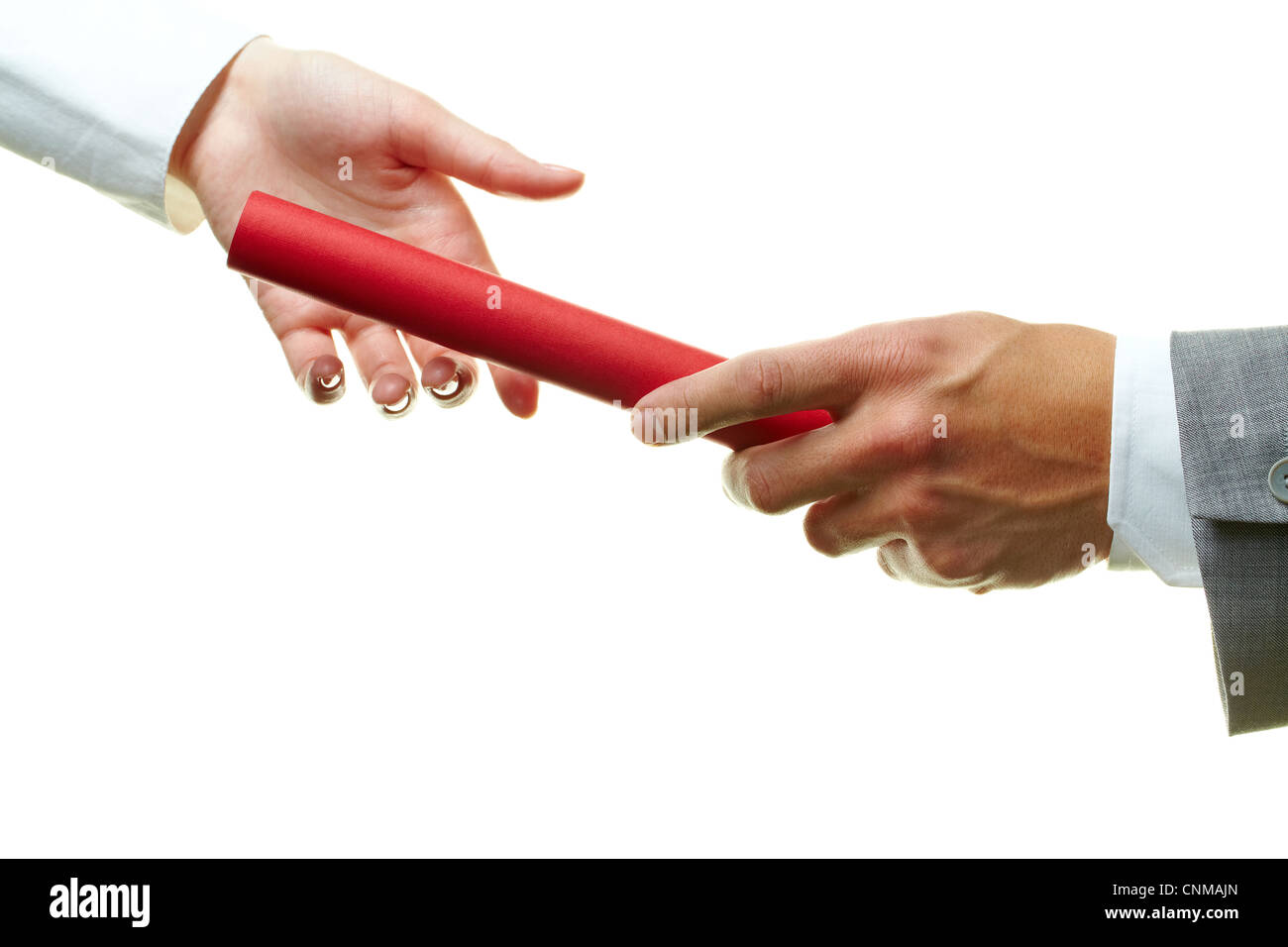Image of female and male hands holding red baton Stock Photo - Alamy