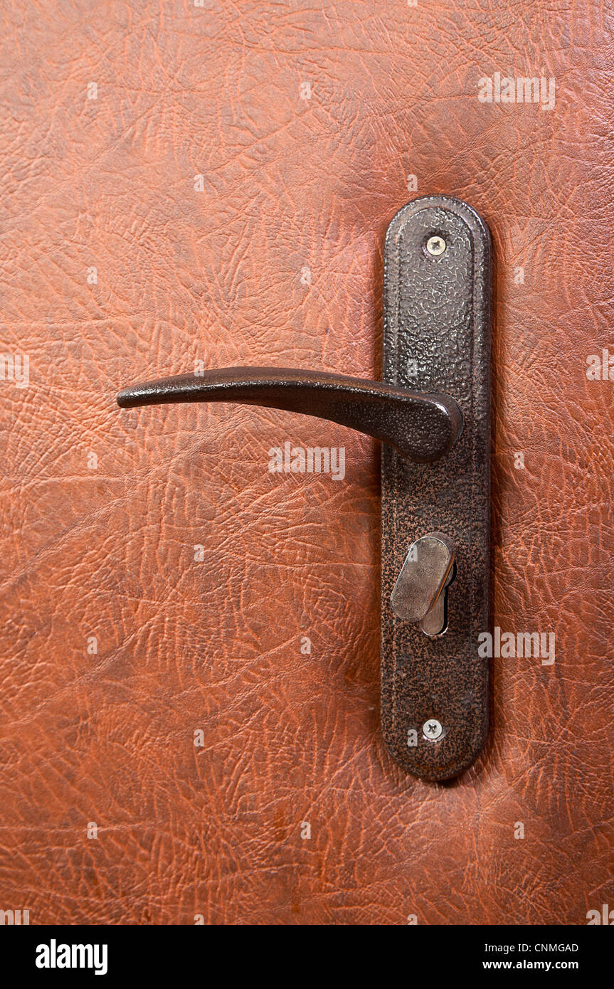 metallic handle on fitted by a leather door Stock Photo - Alamy