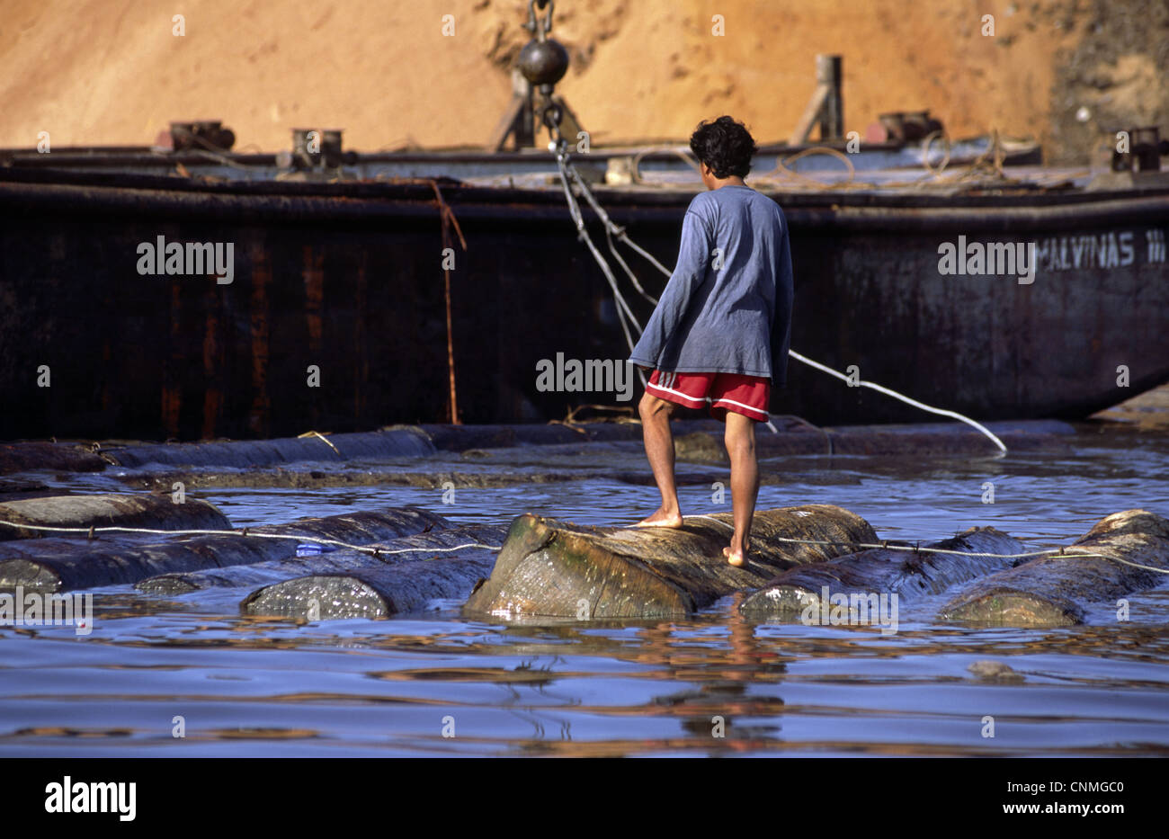 Floating logs at lumberyard on the Amazon river. Iquitos, Loreto ...