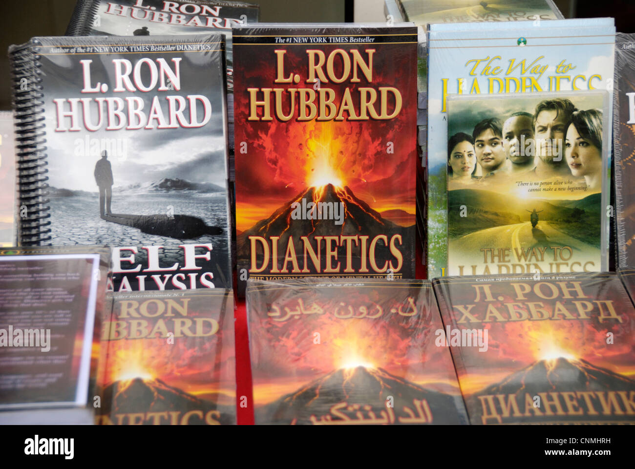Display of Scientology books by L. Ron Hubbard Stock Photo - Alamy