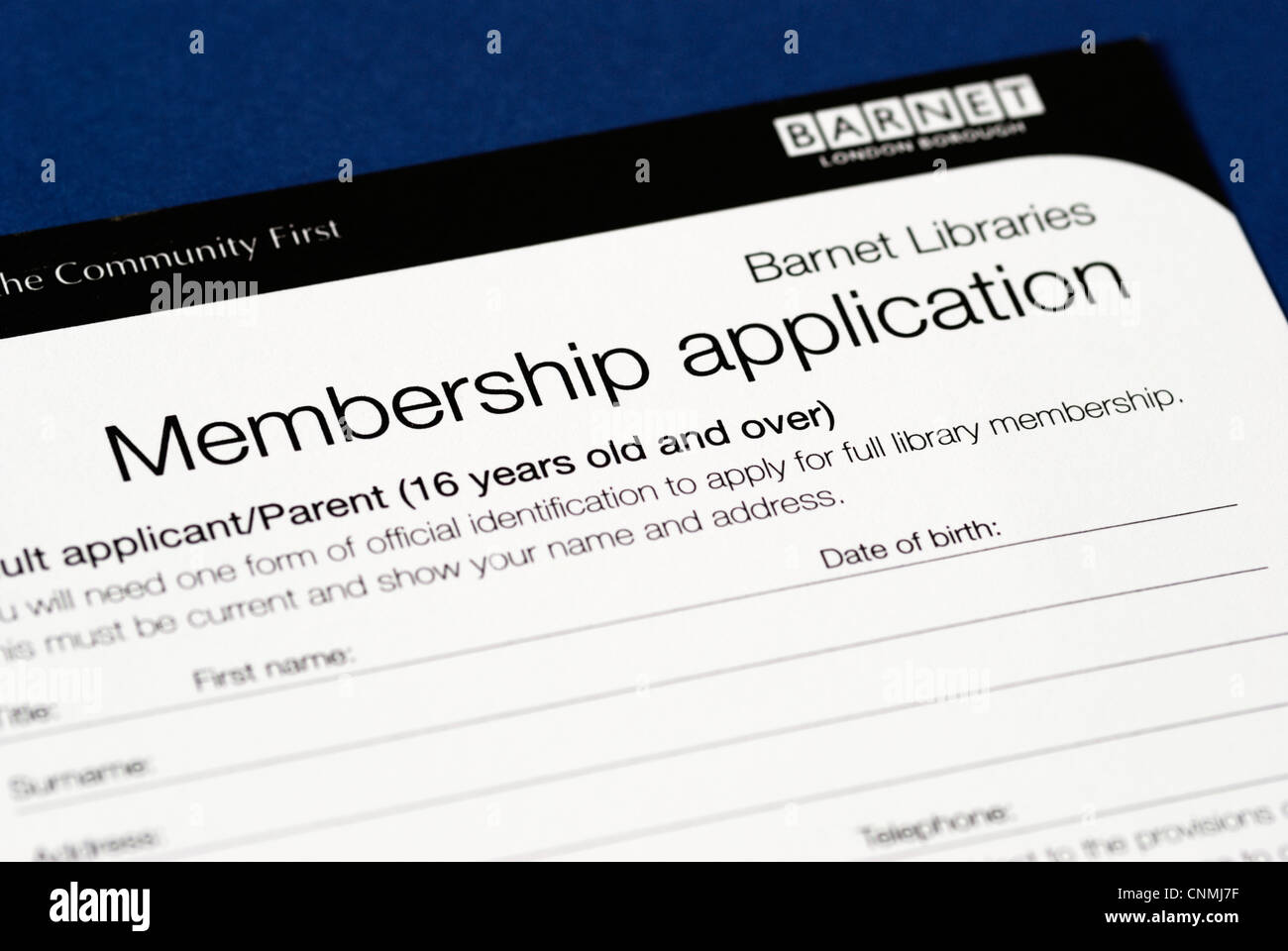 London Barnet Council Library membership application form Stock Photo ...