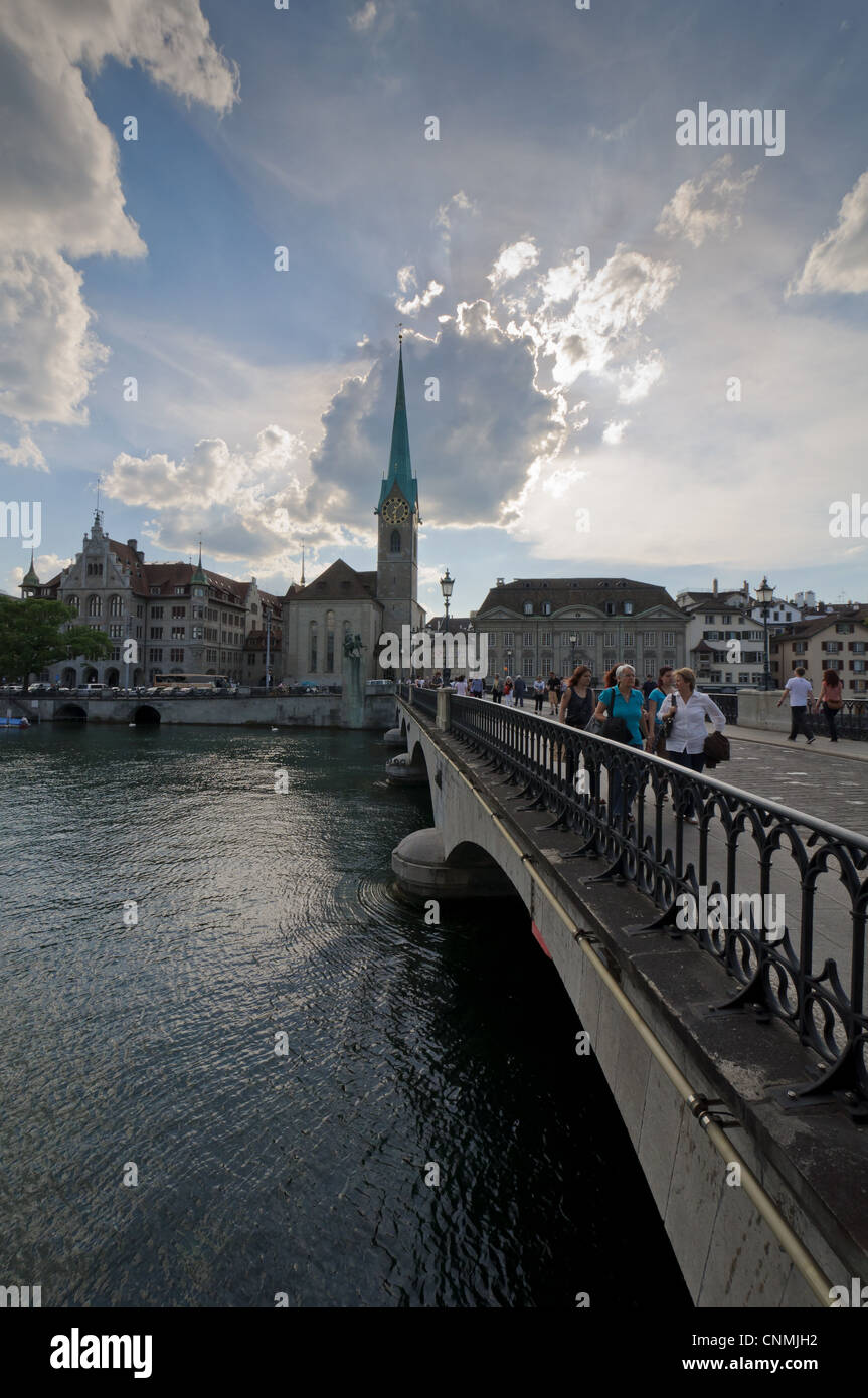 Fraumunster and bridge in Zurich city center, Switzerland Stock Photo ...