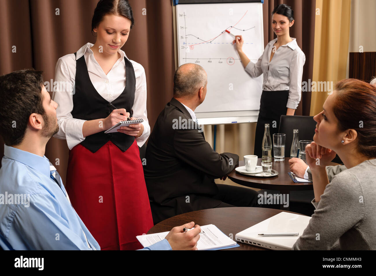 Waitress take order people at business meeting flipchart presentation ...