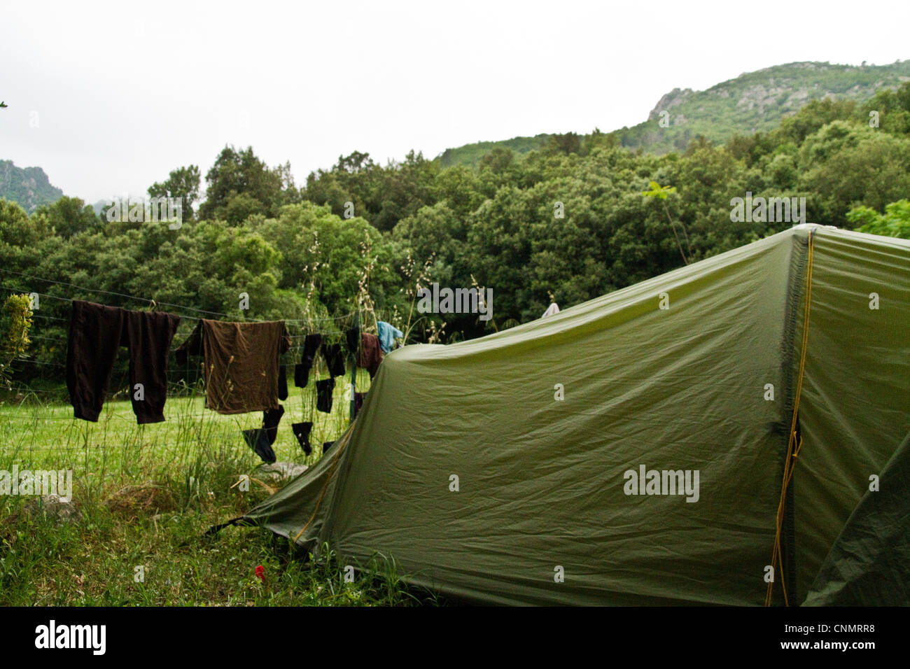 Tent and a washing line in the corsican mountains Stock Photo - Alamy