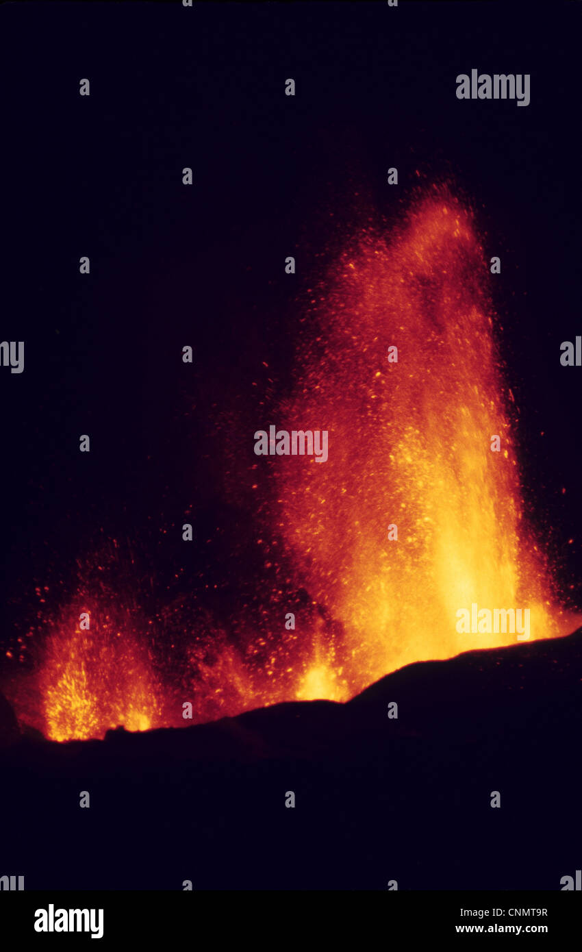 Lava erupting from volcano, Eldfell Volcano, Heimaey, Westmann Isles ...
