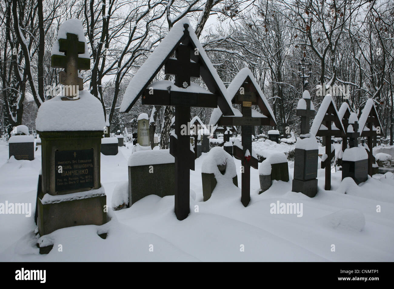 Graves of Russian emigrants at the Olsany Cemetery in Prague, Czech ...