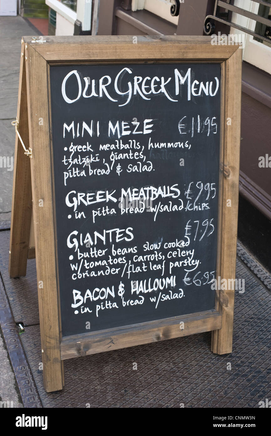 GREEK MENU chalkboard outside pub in city centre of Hereford ...