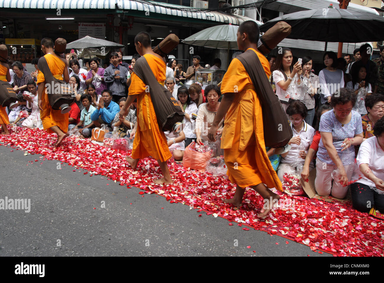 Thai Buddhist monks walking on rose petals scattered by devotees in ...