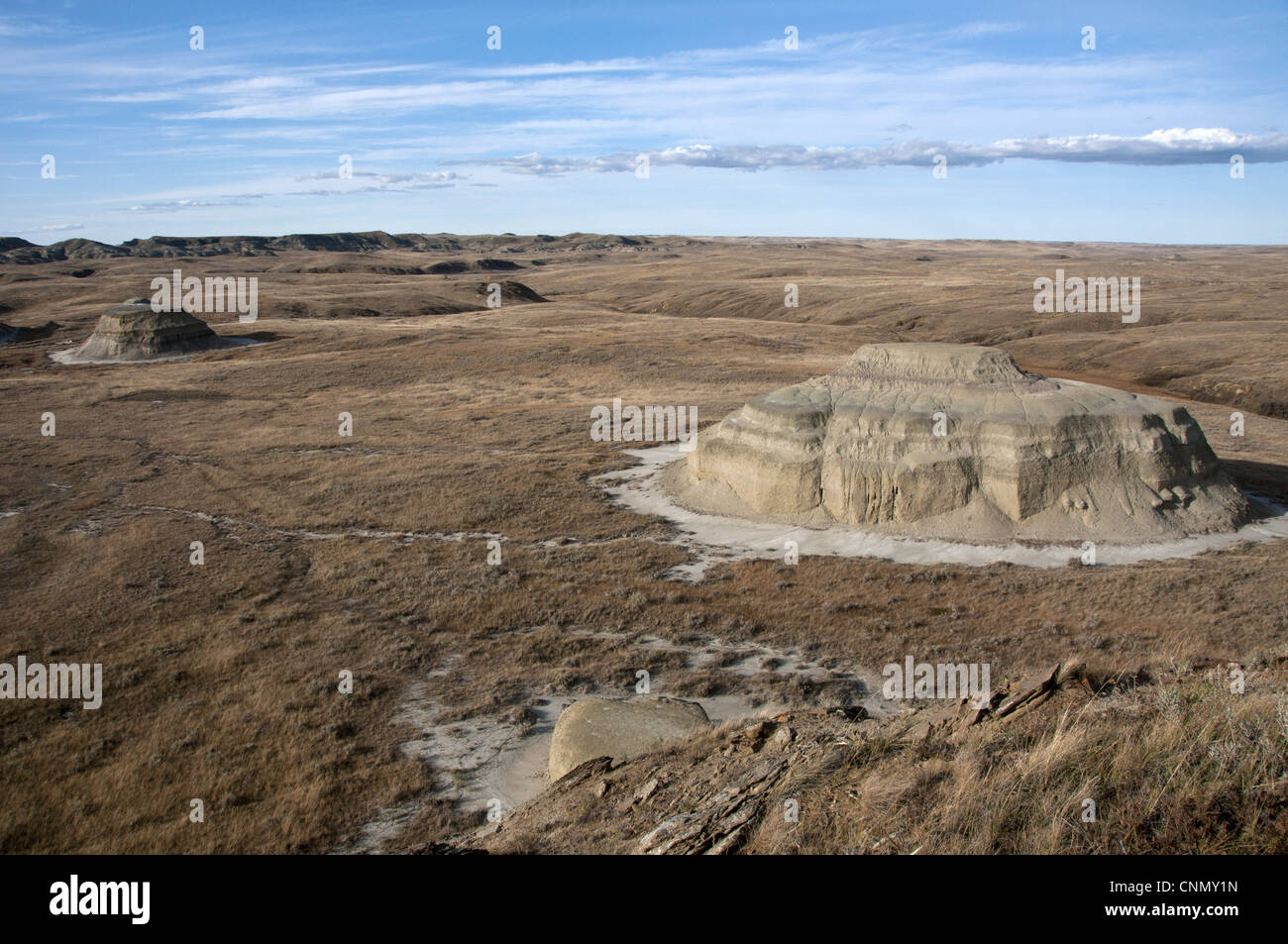 View of badlands in shortgrass prairie habitat, East Bloc, Grasslands N ...