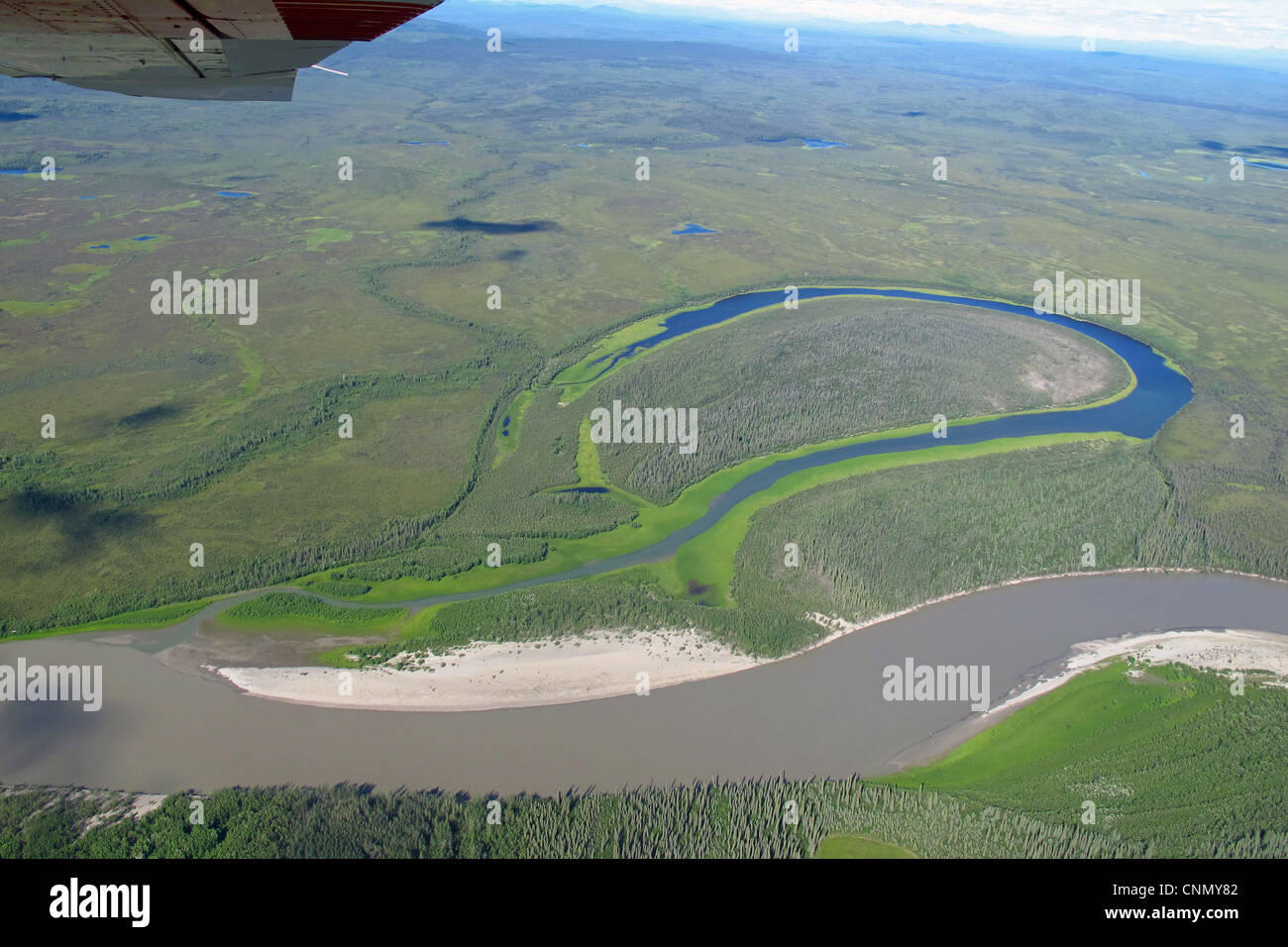 Aerial view of oxbow lake formed from river, Koyukuk River, Central ...