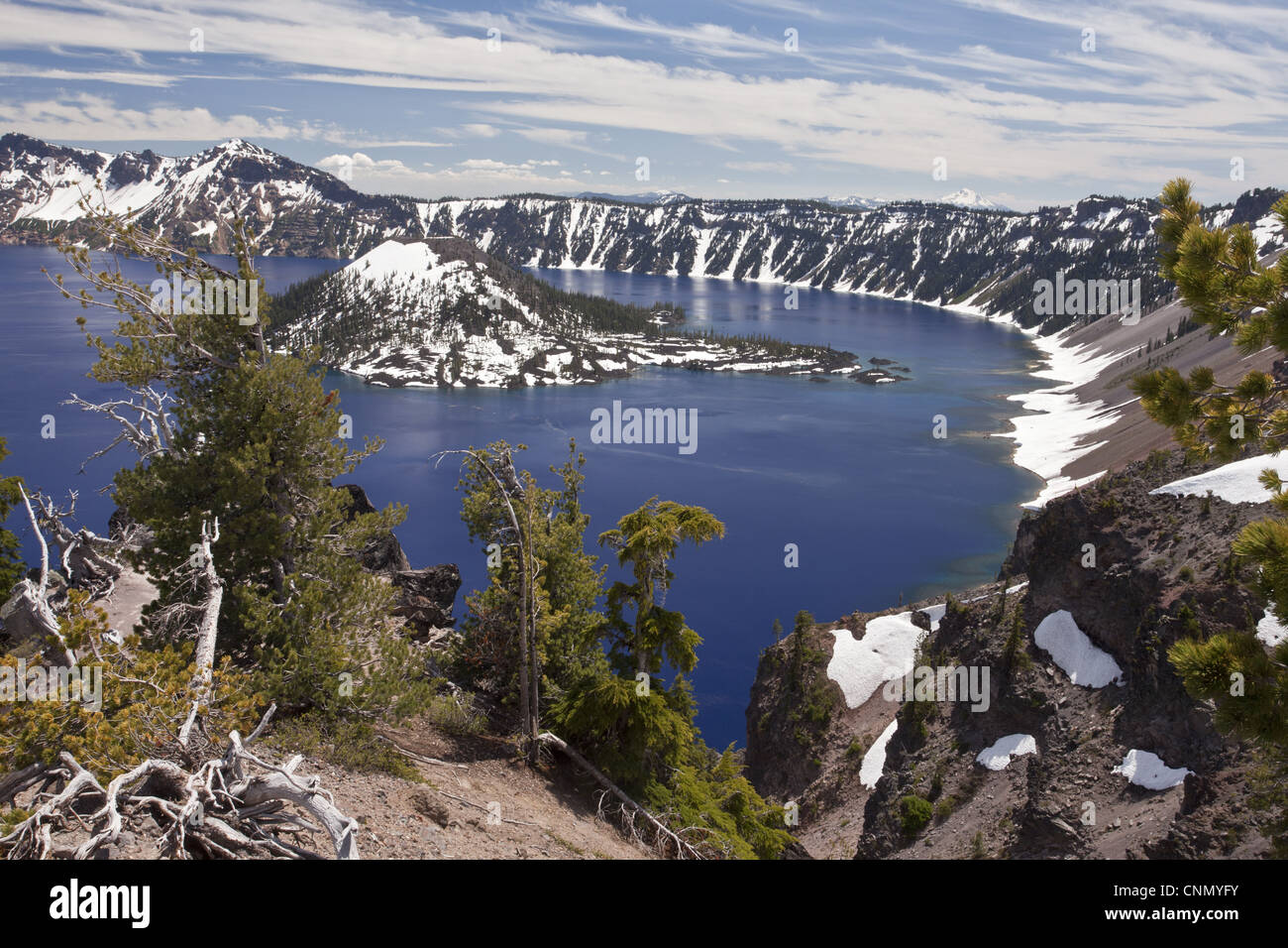 View snow volcanic cinder cone forming island caldera lake 7000ft 2200m ...