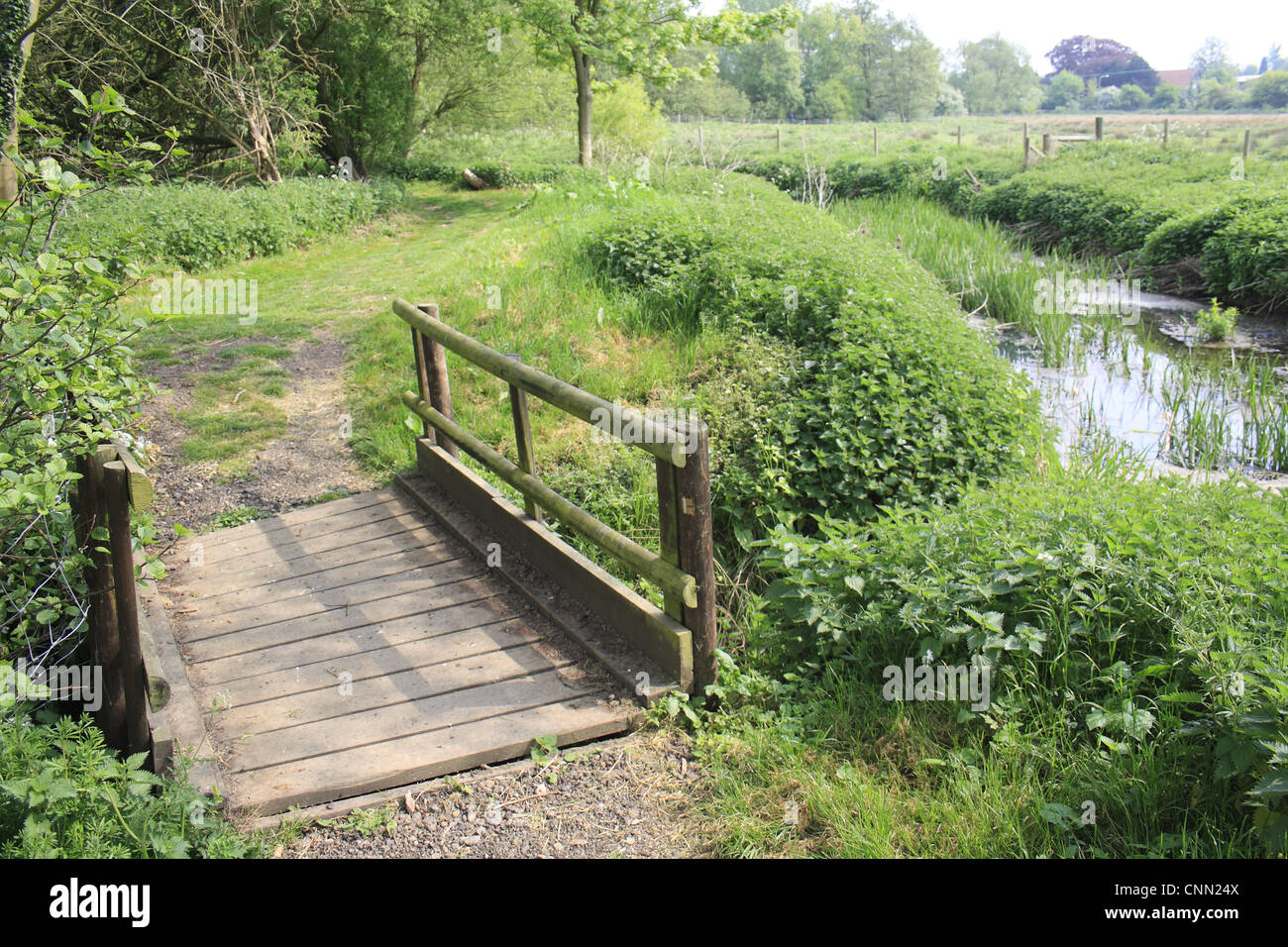 Wooden footbridge on footpath beside lowland river, River Rattlesden ...
