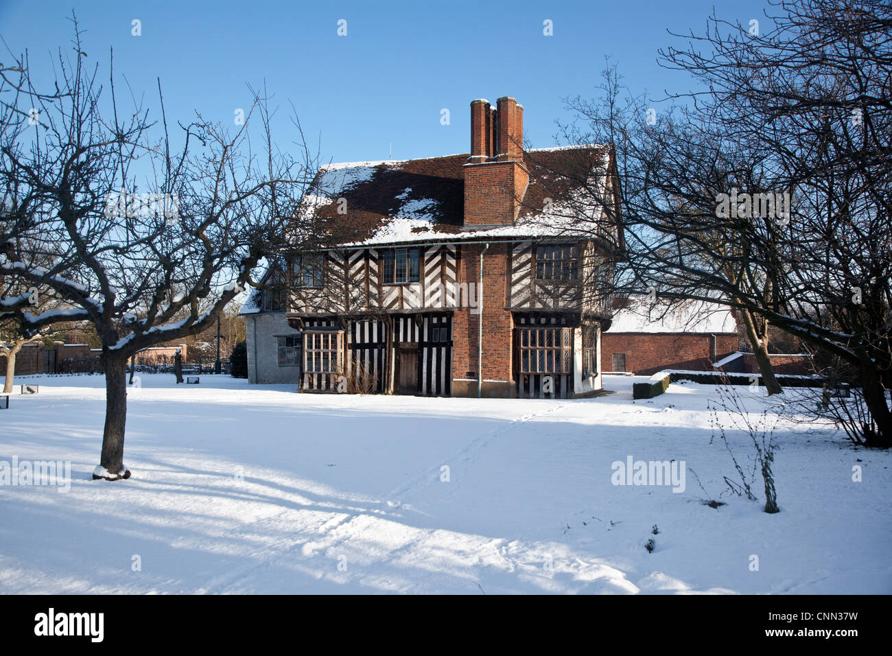 The Tudor Blakesley Hall covered in snow in Yardley, Birmingham ...