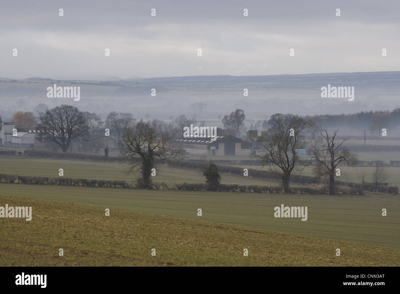 View mist fields farm buildings low cloud moorland distance North ...