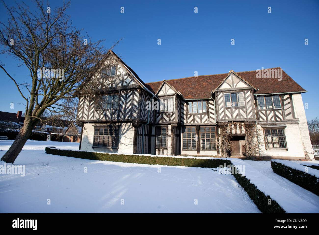 The Tudor Blakesley Hall covered in snow in Yardley, Birmingham ...
