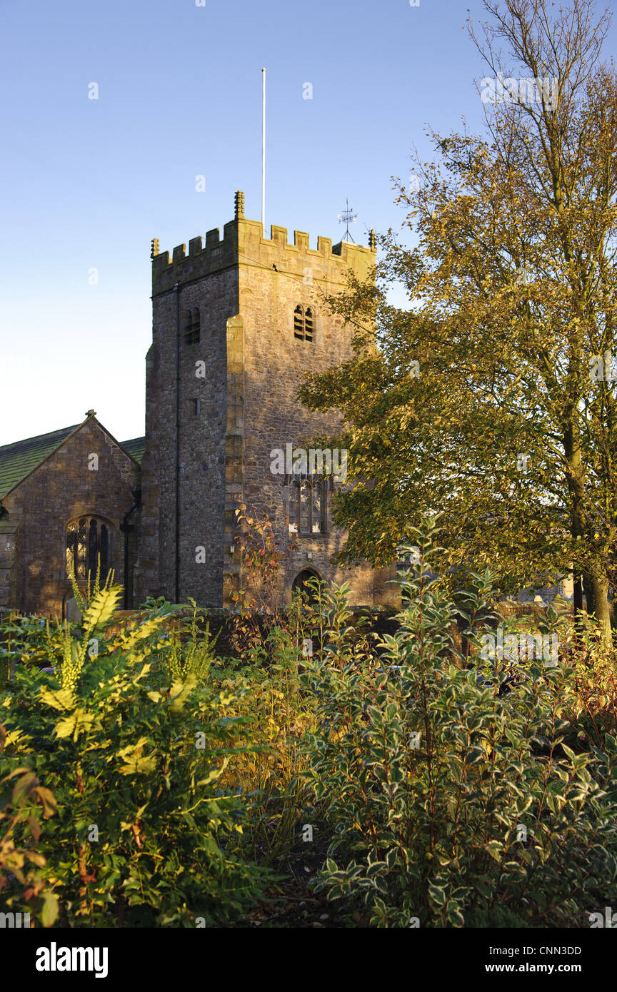 View of church tower in evening sunlight, St. Bartholomew's Church ...