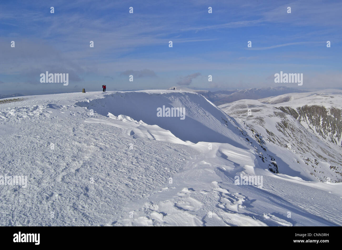 View of snow covered fell summit with walkers, Helvellyn, Eastern Fells ...