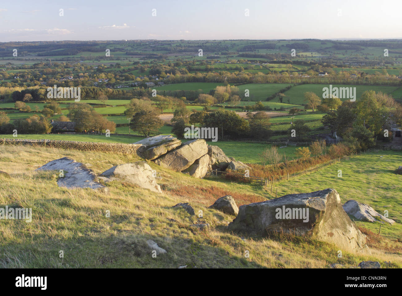 View surrounding farmland gritstone rocks valley Almscliff Crag rock ...