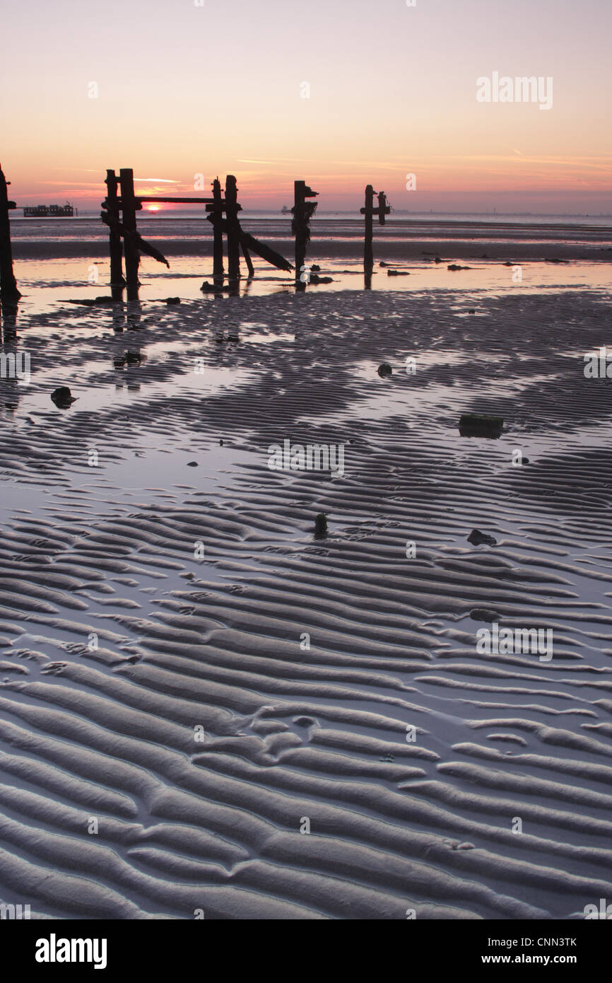 View of ripples in sand and eroded groynes on beach during low tide at ...