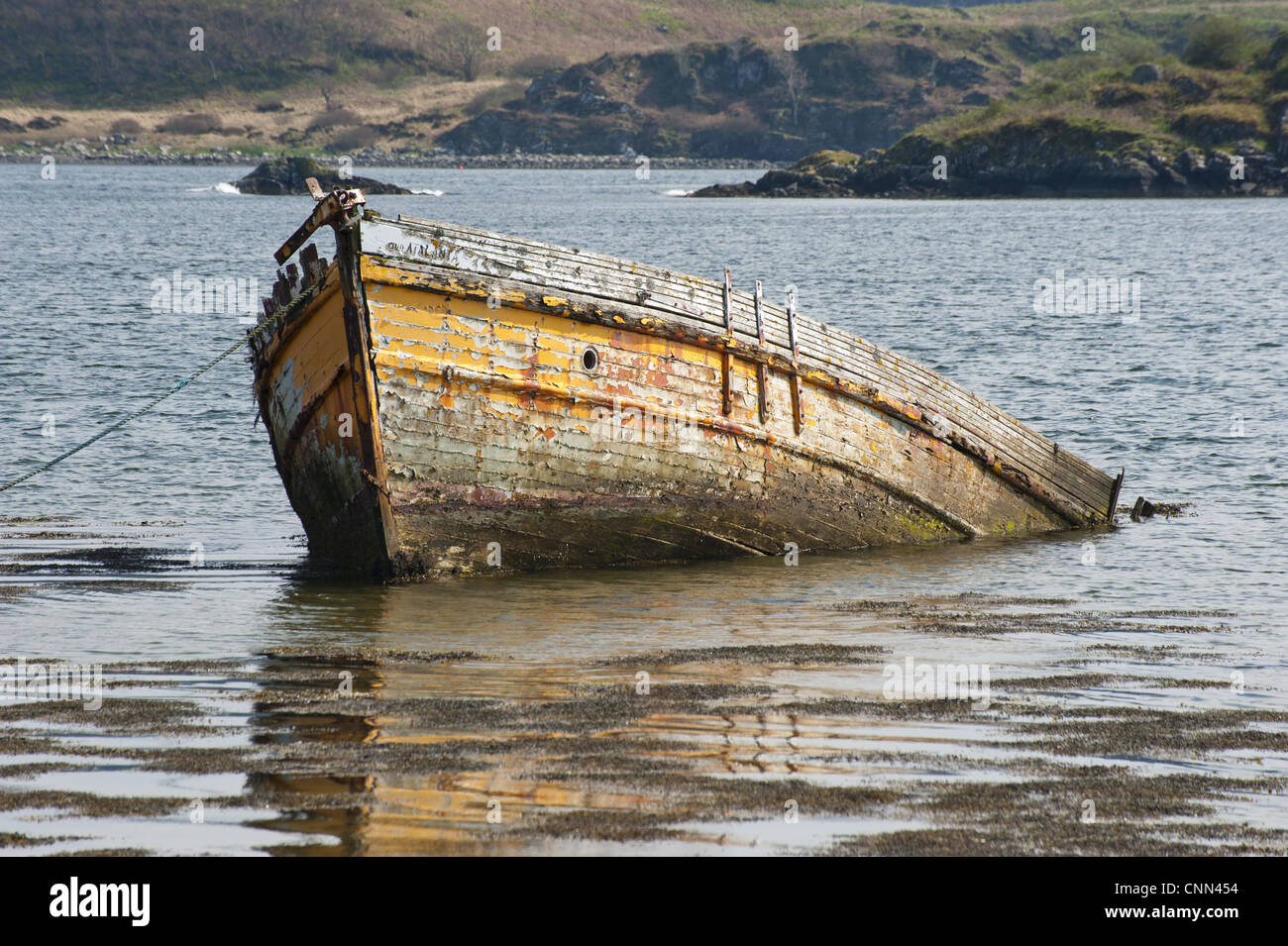 'Our Atalanta' boat wreck in sea loch, Craignish Loch, Ardfern, Argyll ...