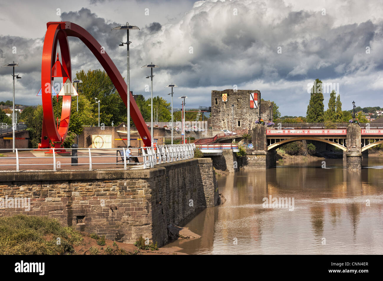 View steel sculpture waterfront castle bridge background 'The Wave ...