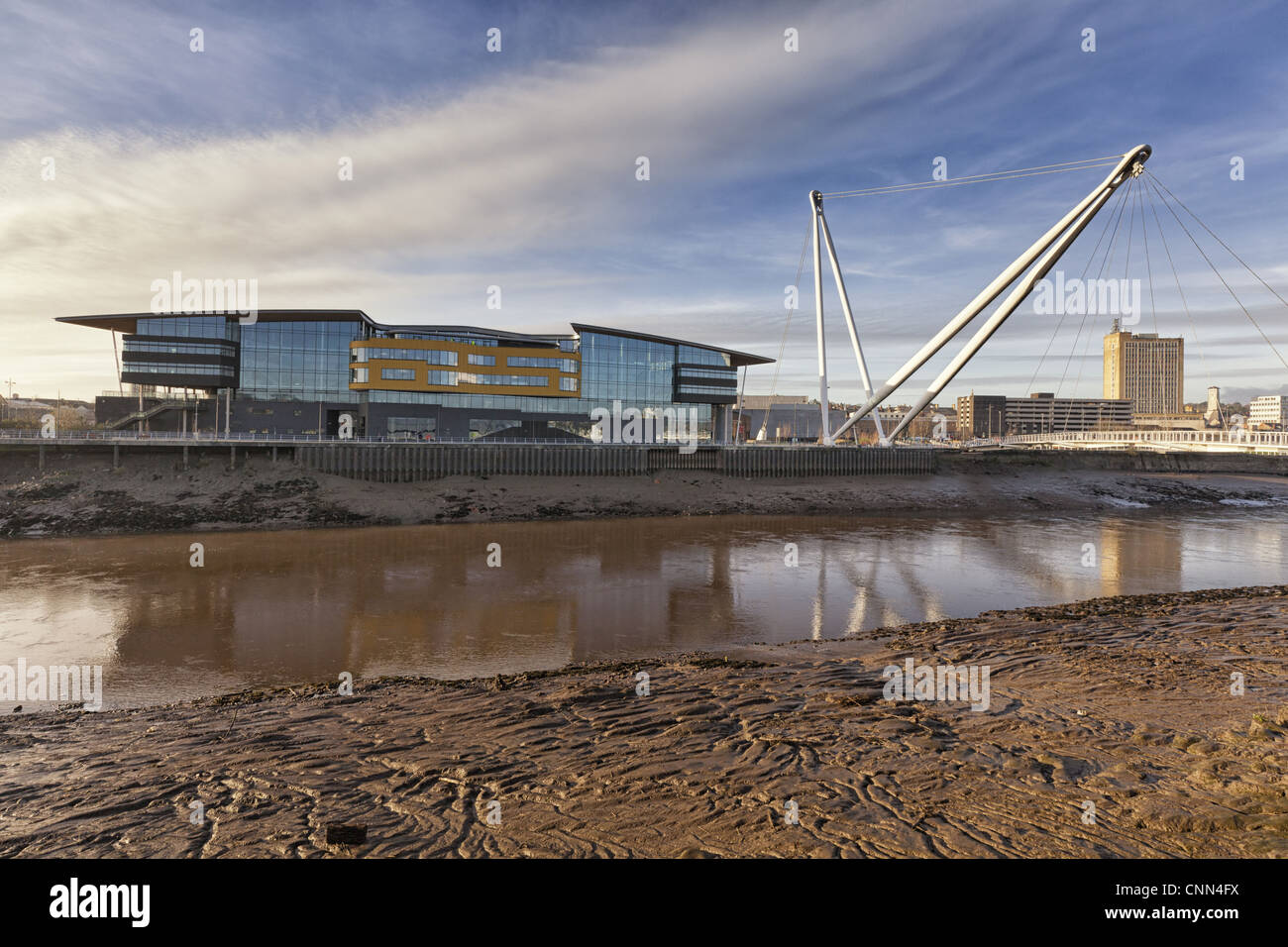 View tidal river waterfront buildings footbridge Newport University ...