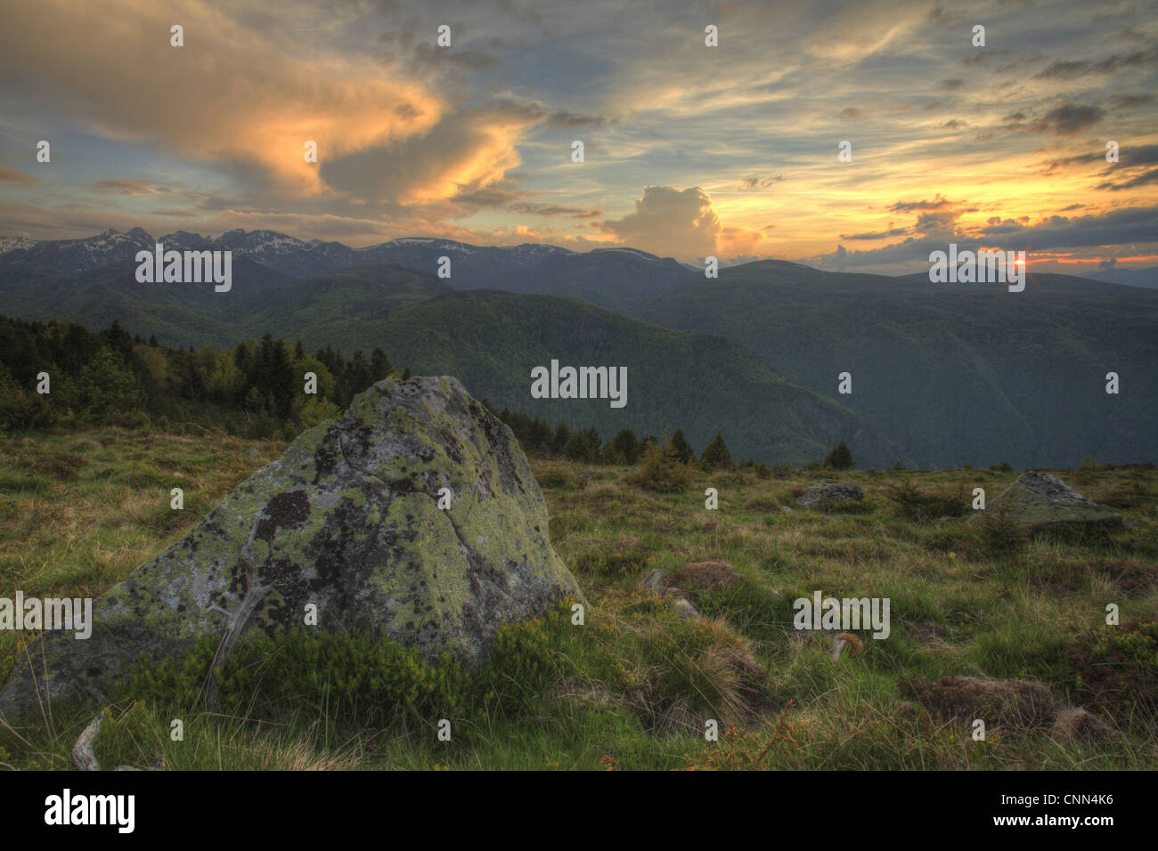 View of mountain plateau at sunset, Plateau de Beille, Pyrenees, Ariege ...
