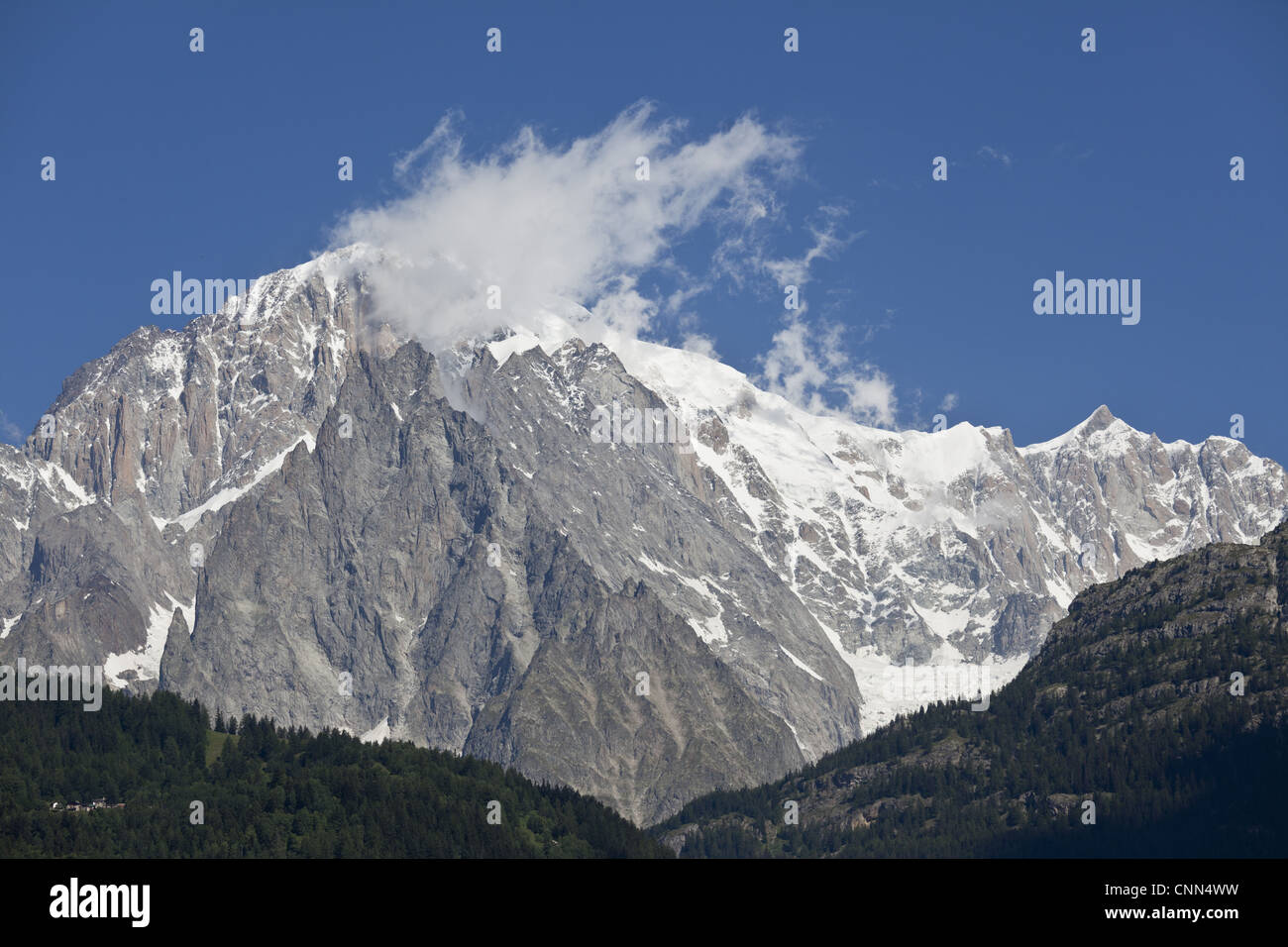View of snow covered mountain peak, viewed from Italian side, Monte ...