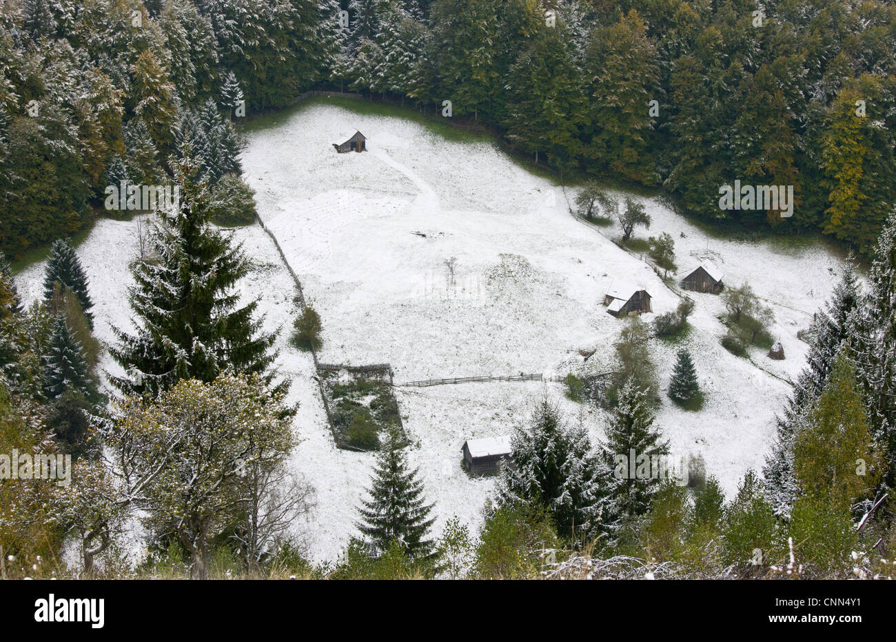View traditional farmland small fields barns mountain slopes covered ...