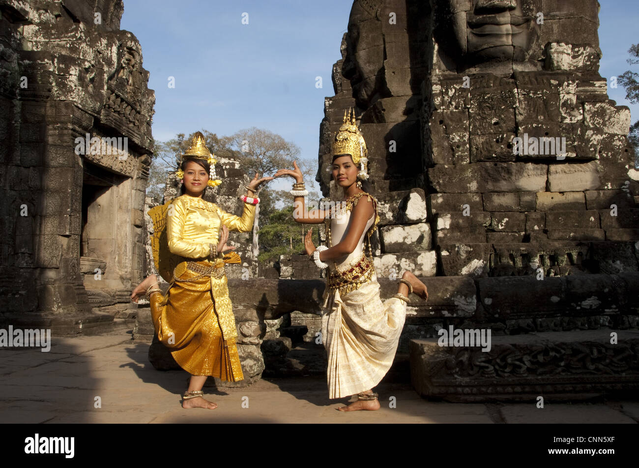 Girl Dancers Wearing Apsara Dancer Costume In Khmer Temple Bayon