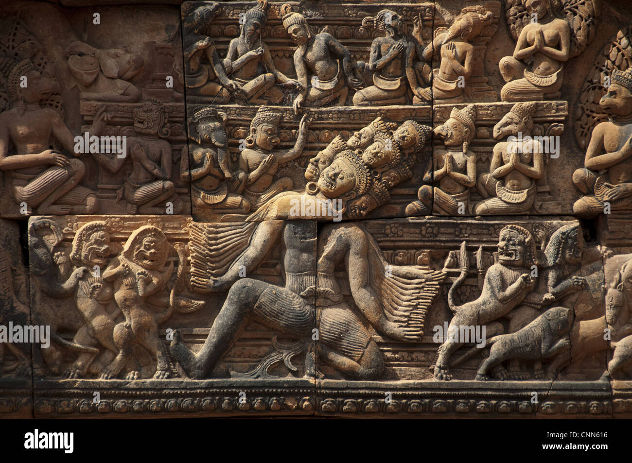 Bas-relief of Ravana shaking Kalisa Mountain in Khmer Hindu temple ...