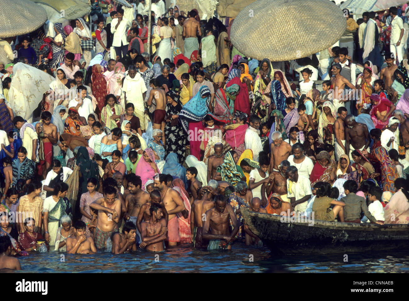 Ganges bathers at ghat for festival, Varanasi / Benares, India Stock ...