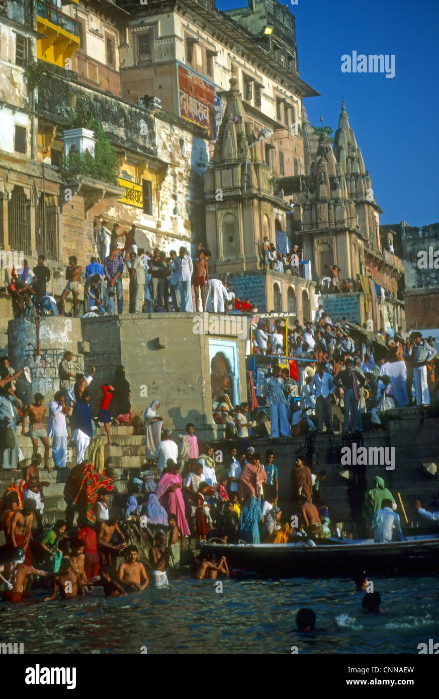 Ganges bathers at ghat for festival, Varanasi / Benares, India, Asia ...