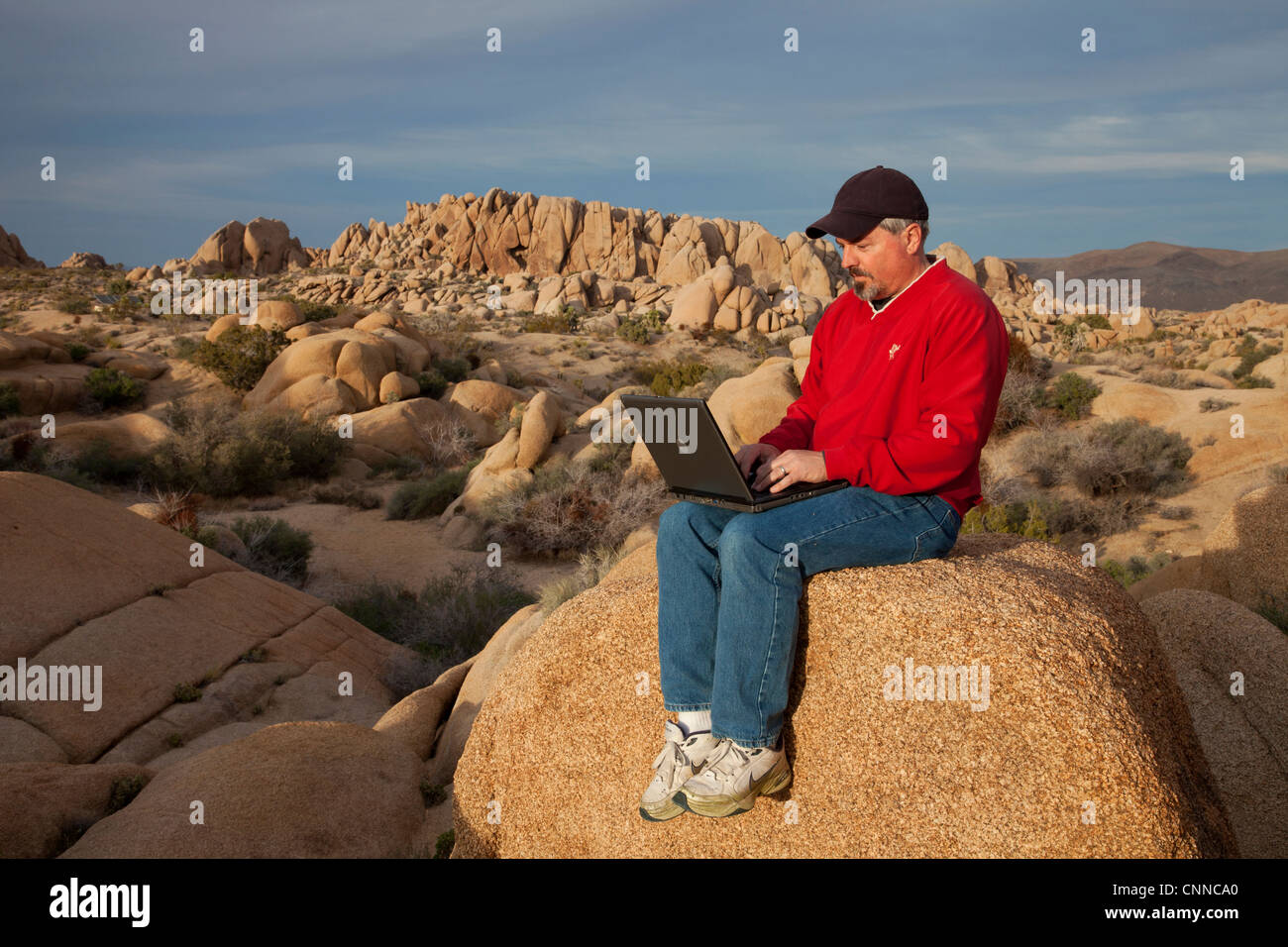 Man Sitting on Rock using Laptop Computer, Jumbo Rocks area, Joshua ...