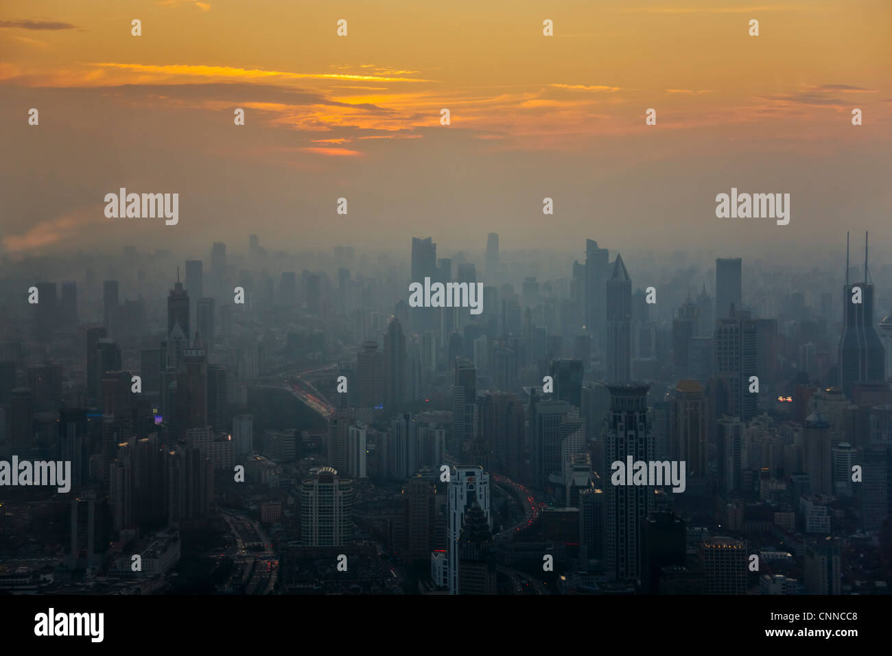 Cityscape of high rises at sunset in downtown, Shanghai, China Stock ...