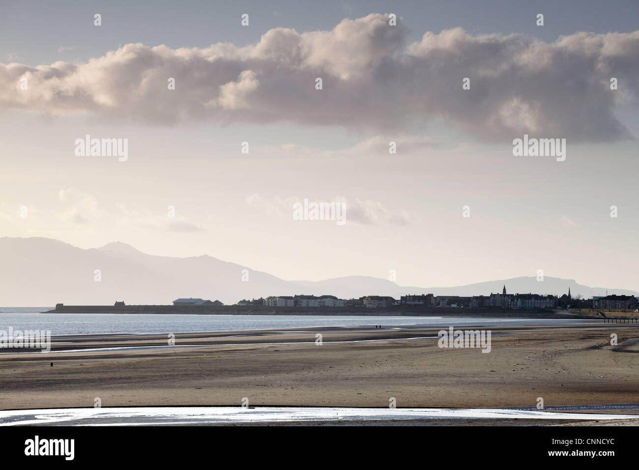 View across Ardeer beach towards Saltcoats and the Island of Arran in ...