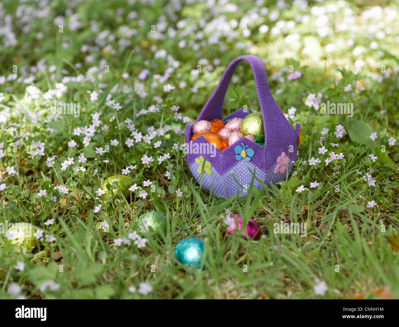 Basket of Easter eggs in grass Stock Photo - Alamy