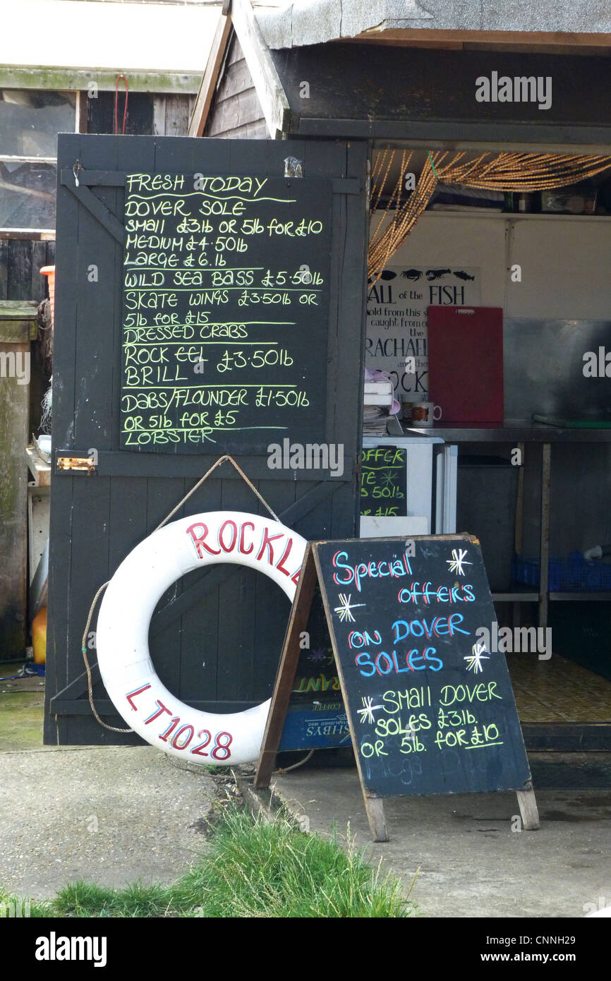 A fish kiosk on Aldeburgh beach Suffolk, sells freshly caught local ...