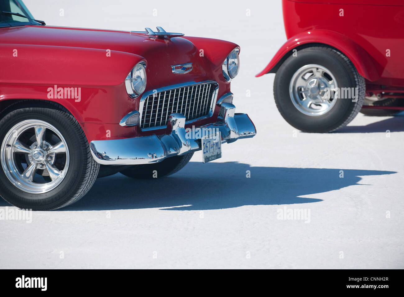 Bonneville Salt Flats bike week retro 1950s car racing in USA, car parked on hot white salt ...