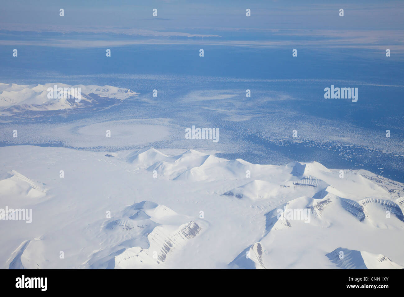Aerial view of sea ice in summer and coast of Spitzbergen, Svalbard ...