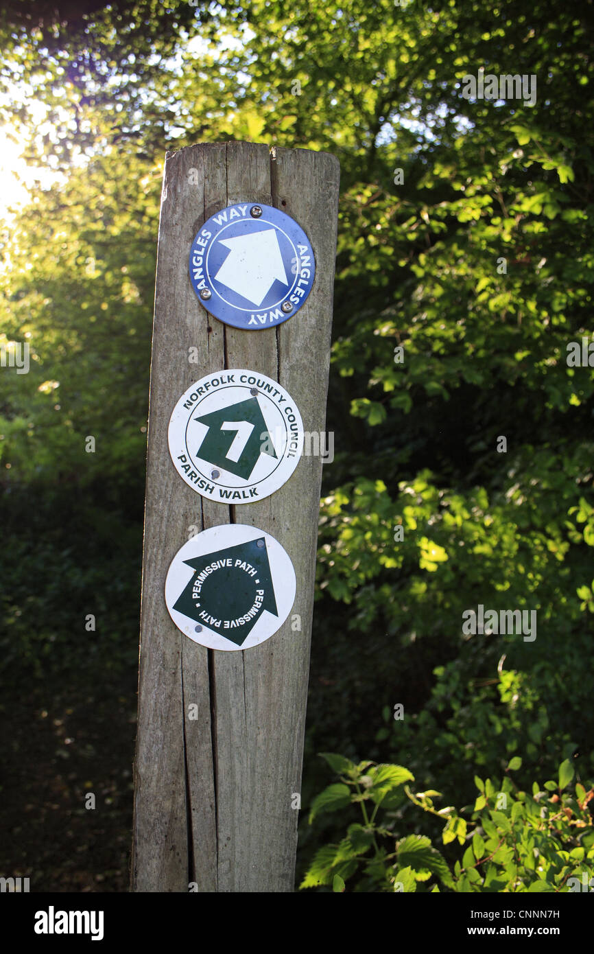 Angles Way' 'Parish Walk' 'Permissive Path' signs post edge valley fen ...