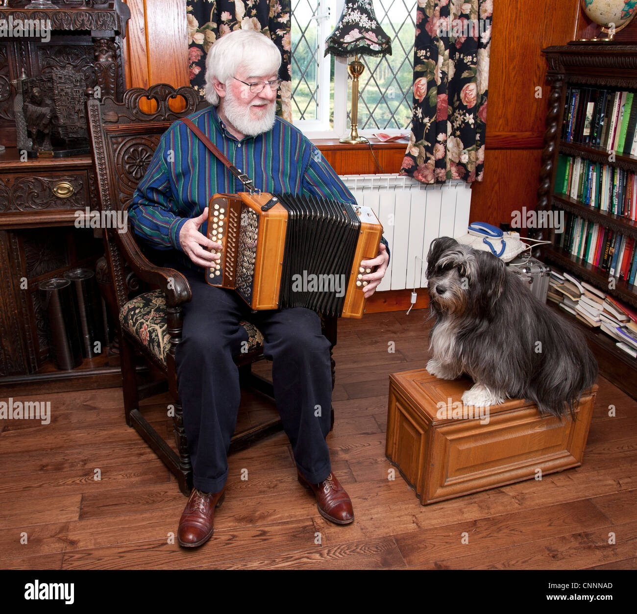 Joe Burke Irish Traditional Musician and Patsy his dog Stock Photo - Alamy