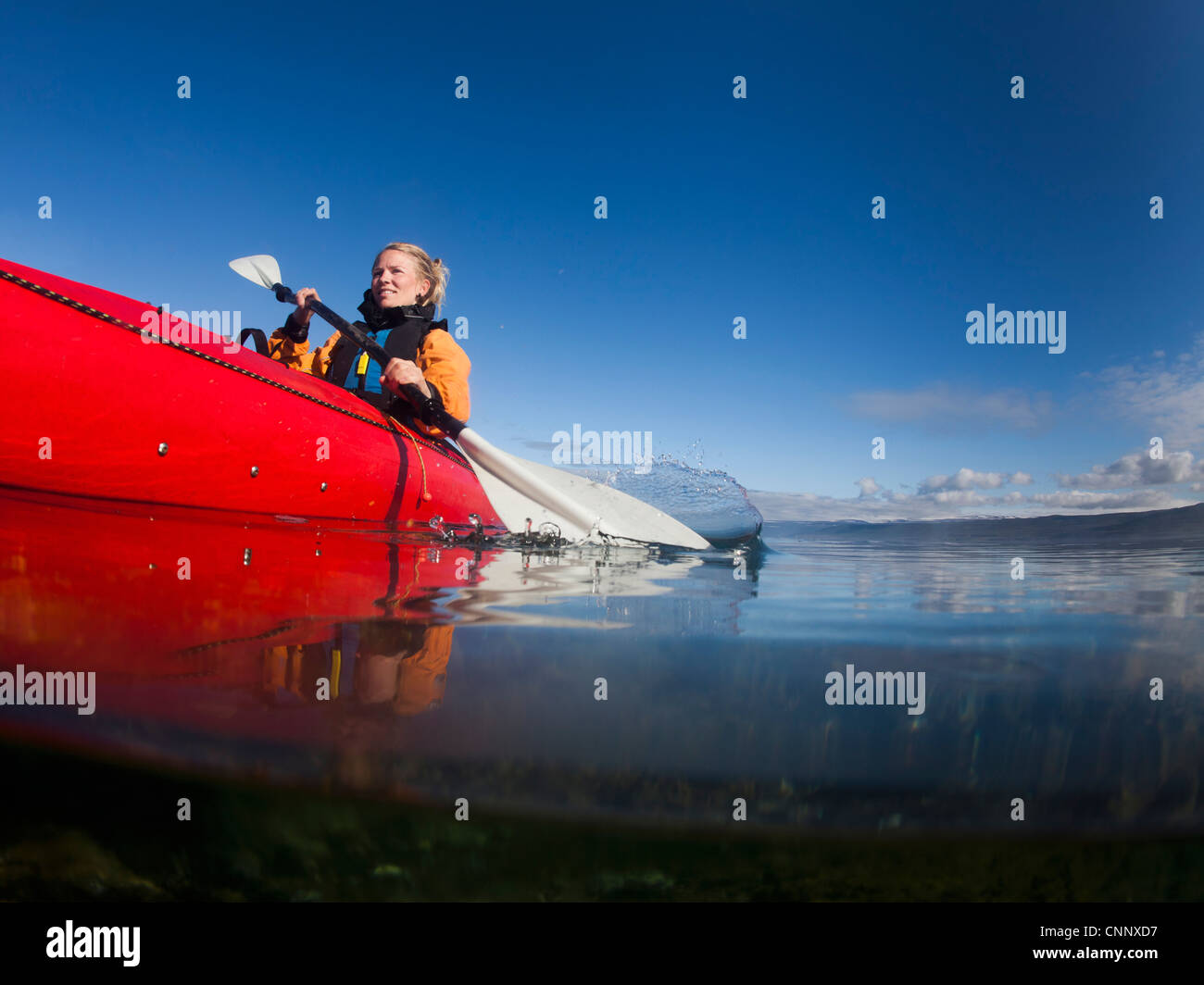 Woman kayaking in still lake Stock Photo - Alamy
