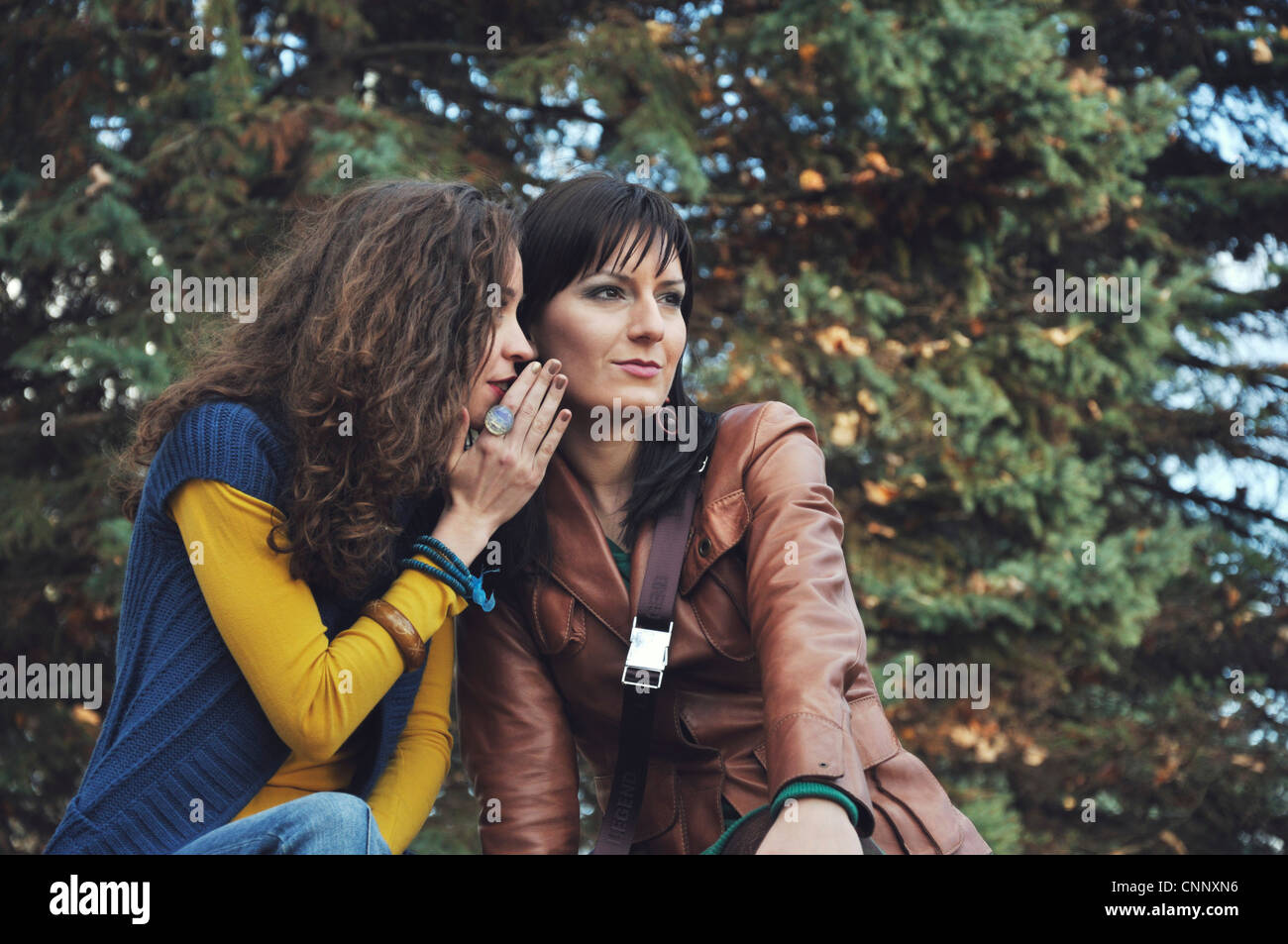 Young women whispering in friend's ear outdoors Stock Photo - Alamy