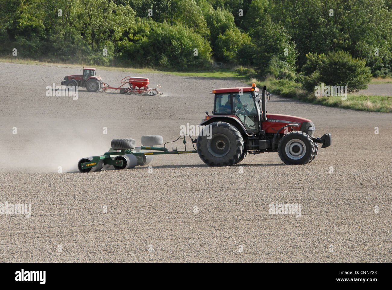 Tractors drilling and rolling wheat crop on chalky land, near ...