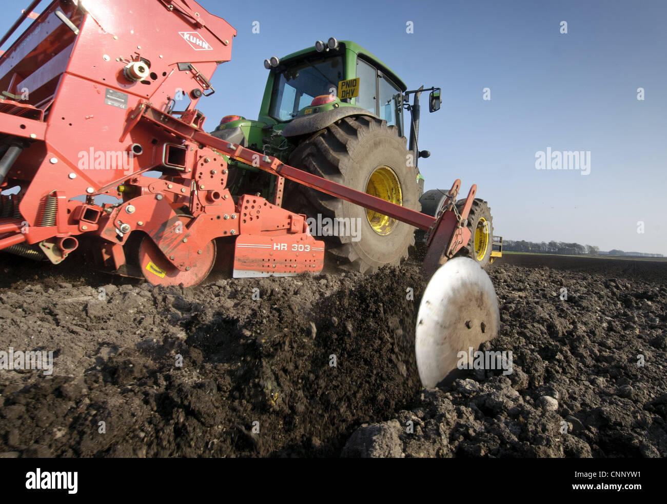 Tractor with seed drill, drilling Westminster spring barley, Pilling ...