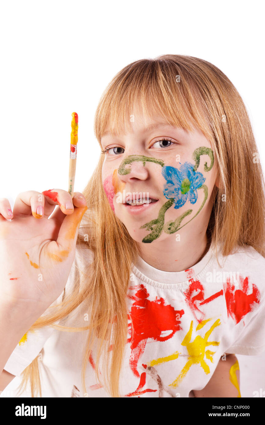 Beautiful little girl painting over white background Stock Photo - Alamy