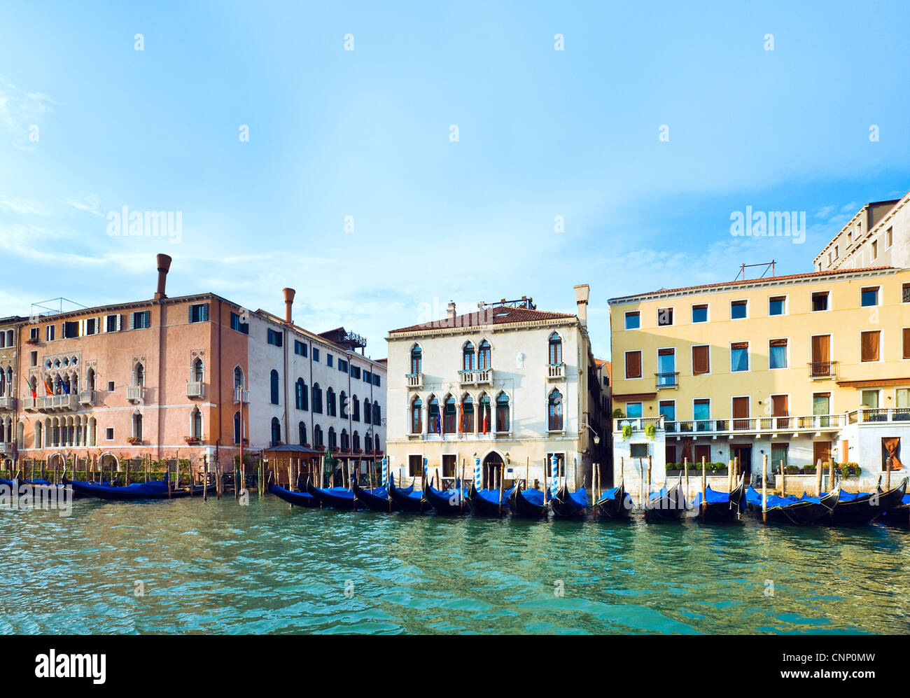 Nice summer venetian Grand Canal view with gondolas on water (Venice ...