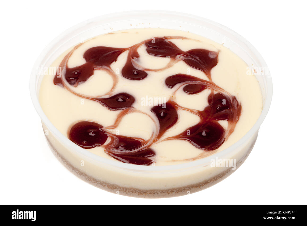 Strawberry flavour topped cheesecake in a plastic dish Stock Photo - Alamy