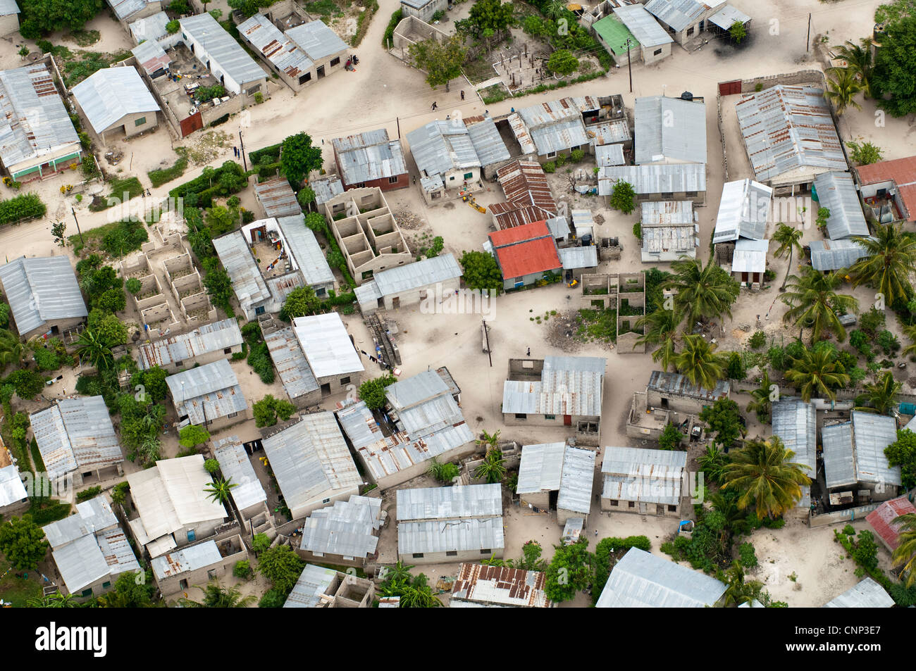 Houses with corrugated iron roofs in suburbia of Dar es Salaam, aerial ...